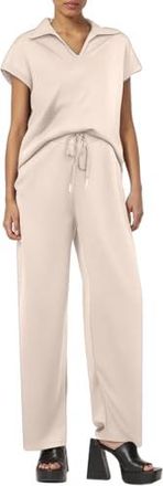 Generic Ensemble deux pi&egrave;ces pour femme haut maille manches courtes et pantalon large avec cordon de serrage confortable &eacute;l&eacute;gant
