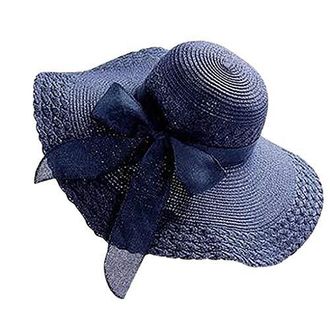 Generic Grand chapeau de plage &agrave; bord large avec noeud color&eacute; pour femme, bleu marine, Taille unique
