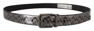 Dolce & Gabbana Mens Gray Herringbone Leather 3d Metal Buckle Belt