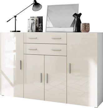 Vladon Highboard Aron Anrichte mit 2 Schubladen und 4 Türen mit insgesamt 8 Fächer dahinter, Weiß matt/Creme Hochglanz (166,5 x 106,5 x 35 cm)