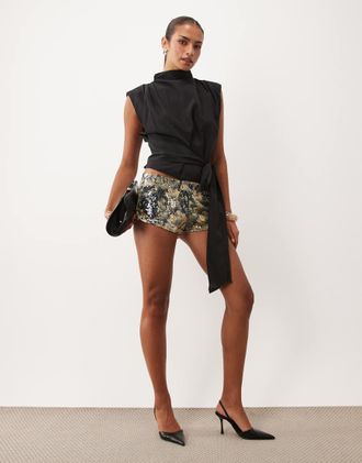 Lioness Villa Mini-Shorts mit Gold- und Schwarzprint-Blau