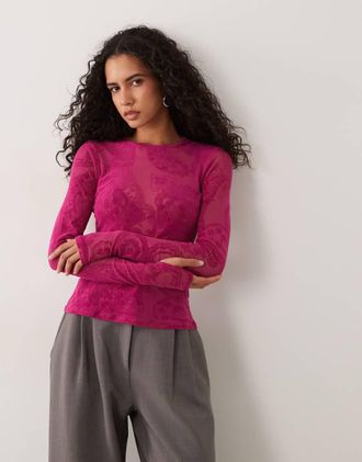 AFRM Kaylee Langarmshirt aus Mesh mit Samtflock in Fuchsia mit Paisley-Print und Rundhalsausschnitt-Rosa