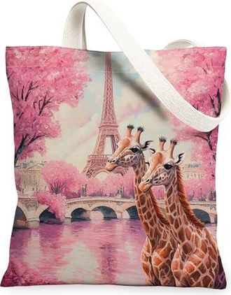 Generic Sac fourre-tout en toile pour faire du shopping 33 x 38,1 cm, motif couple danimaux de la Tour Eiffel, sac d&eacute;picerie r&eacute;utilisable, sac d&eacute;picerie pour 