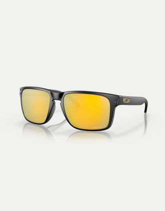 Oakley Holbrook XL - Eckige, polarisierte Sonnenbrille in Mattschwarz mit verspiegelten goldfarbenen Gl&auml;sern