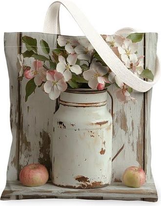 Generic Sac fourre-tout en toile r&eacute;utilisable pour le shopping, 33 x 38,1 cm, motif floral de ferme, sac d&eacute;picerie r&eacute;utilisable pour femme, peinture rustique,