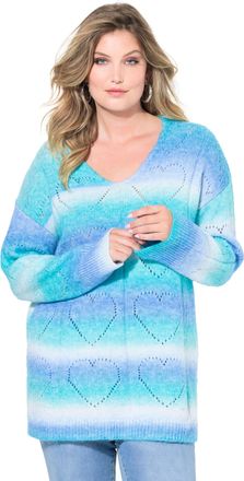 Miamoda Damen gro&szlig;e Gr&ouml;&szlig;en &Uuml;bergr&ouml;&szlig;en Plus Size Pullover, Farbverlauf, Herz-Ajourmuster, V-Ausschnitt, Langarm blau 46 831597769-46