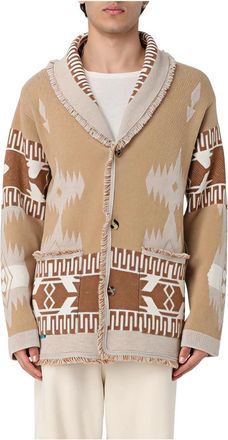 Alanui Homme, Pulls, Beige, Taille: M Cardigan &agrave; Col Ch&acirc;le avec Boutons en R&eacute;sine et Patch G&eacute;om&eacute;trique