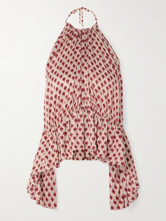 Liberowe Haut Dos Nu &Agrave; Basque En Satin Imprim&eacute; &Agrave; Fronces Dhalia - Rouge