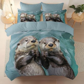 Generic Drucken Bettw&auml;sche Tiere Halten H&auml;ndchen Otter Thema - Weich Mikrofaser Bettbezug Set mit Kissenbezug 80 x 80 cm, T&uuml;rkis Blau Hypoallergen Atmungsakti