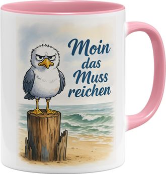 OM3 lustige M&ouml;we Aquarell Kaffee-Tasse mit Spruch - Moin das muss reichen - Maritim K&uuml;ste Norddeutschland - Keramik Becher - 325ml - Beidseitig Bedruckt -