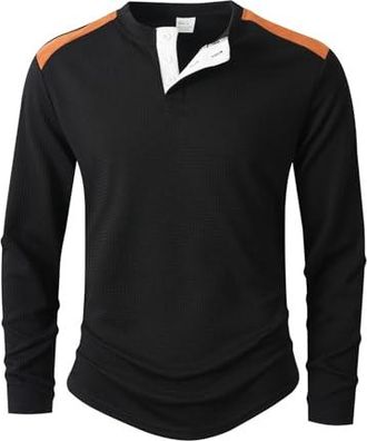Generic Chemise Henley à manches longues en tricot gaufré pour homme, panneau dépaule contrasté, col montant, boutonné, coupe ajustée et décontractée avec poc