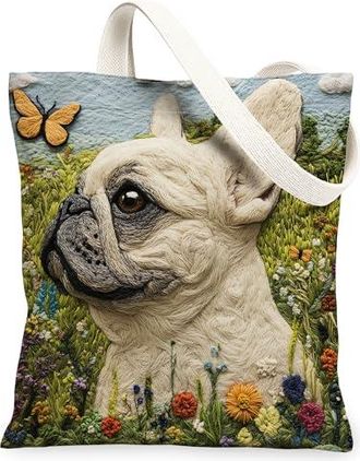 Generic Sac fourre-tout en toile motif bouledogue fran&ccedil;ais pour le shopping, 33 x 38,1 cm, sac d&eacute;picerie r&eacute;utilisable pour femme, peinture danimal domestique,