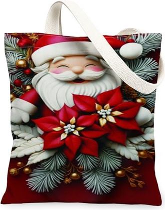 Generic Sacs fourre-tout en toile à motif floral de Noël, sacs dépicerie réutilisables, vintage, légers et lavables avec bandoulière, Rouge, 13x15 Inch