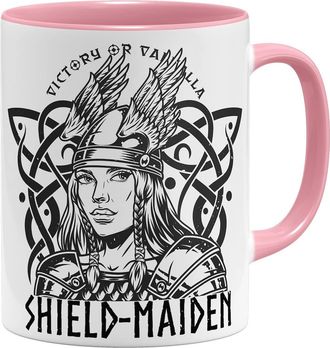 OM3 Wikinger Shield Maiden Kaffee-Tasse Kriegerin Schildmaid Valhalla or Die - Keramik Becher - 11oz 325ml - Beidseitig Bedruckt - Rosa