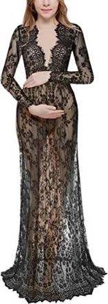 ORANDESIGNE Robe Maxi Femme Enceinte Bikini Cover UpDentelle Col-V Manche Longue Photographie Robe Longue Mère Enceinte A Noir XL