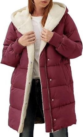 Generic Parka dhiver surdimensionn&eacute;e doubl&eacute;e Sherpa pour femme - Parka matelass&eacute;e en polaire chaude avec fermeture &eacute;clair - Avec capuche, rouge vin, XXL