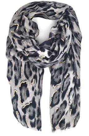 styleBREAKER &Eacute;charpe femme &agrave; motif l&eacute;opard et accents m&eacute;talliques dor&eacute;s | long tissu doux avec franges courtes 180 x 88 cm, Gris-noir