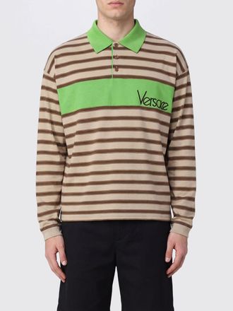 Versace Polo &agrave; manches longues ray&eacute; en coton avec col c&ocirc;tel&eacute;