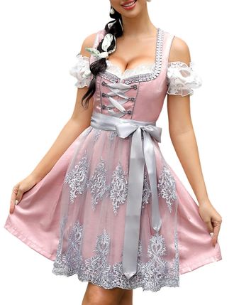 KOJOOIN Damen Dirndl 3tlg. Midi Kurz Trachtenkleid mit DREI Teilig:Dirndl Kleid,Dirndlschürze,Dirndlbluse für Oktoberfest Pink(3tlg.) 38