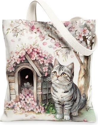 Generic Sac fourre-tout en toile motif chats et chiots printaniers 33 x 38,1 cm, sac &agrave; bandouli&egrave;re r&eacute;utilisable pour femme, chaton animal domestique, peinture
