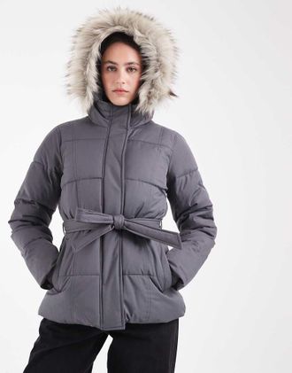 Hollister doudoune ceintur&eacute;e &agrave; capuche en faux-fur anthracite-Gris