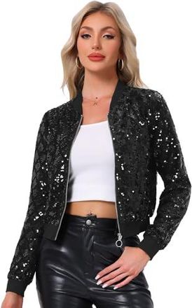 Allegra K Veste Femme Paillet&eacute;e Style Aviateur &agrave; Carreaux Fermeture &Eacute;clair Sans Col Pour Costume de No&euml;l Noir L