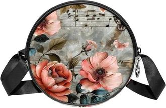 Generic Sac &agrave; bandouli&egrave;re rond pour femme, motif floral et notes de musique, petit sac &agrave; dos &agrave; bandouli&egrave;re avec fermeture &eacute;clair, bretelles r&eacute;glables, sac &agrave; m