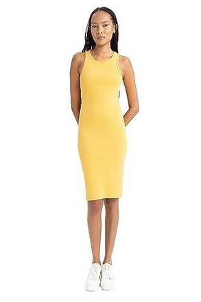 DeFacto Robe dété pour Femme - Robe Moulante élégante et élégante - Robe dété pour Femme - Robe féminine et Confortable, Jaune, L