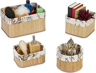 Relaxdays Aufbewahrungskorb 4er Set, Ordnungskörbe in 4 Größen, Bambus & Polyester, stapelbare Badkörbchen, natur/creme