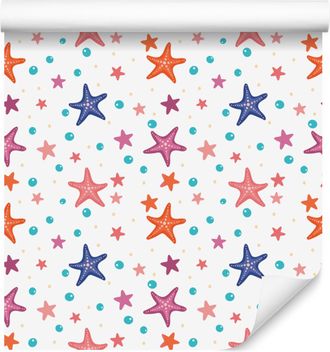 OEM Carta Da Parati Con Stelle Marine Nei Colori Bianco, Corallo E Rosa Cipria Per Soggiorno E Camera Da Letto, 50x1000