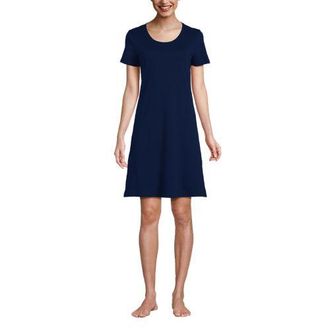 Lands End Knielanges Kurzarm-Nachthemd aus Baumwolle, Damen, Gr&ouml;&szlig;e:44-46 regular, Blau, Baumwolle, by Lands End