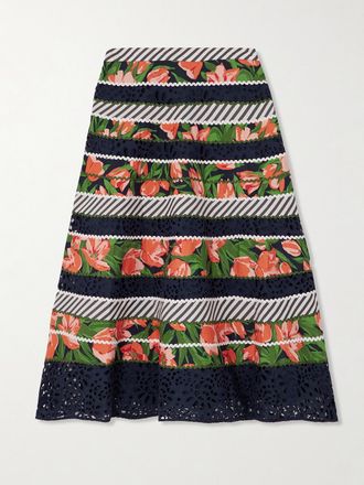 Carolina Herrera Midirock Aus Popeline Aus Einer Bedruckten Baumwollmischung Mit Lochstickerei Und Zackenlitzen - Mehrfarbig