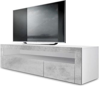 Vladon Buffet Bas Valencia, Meuble TV avec 1 Compartiment Ouvert et 2 clapets, Blanc Mat/Aspect b&eacute;ton oxyde/Aspect b&eacute;ton oxyde (155 x 46 x 40 cm)