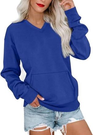 Generic Sweat-shirt &agrave; col en V sans chapeau avec poches, couleur unie, confortable, d&eacute;contract&eacute;, surdimensionn&eacute;, sans capuche, pour le printemps, lautomne et 