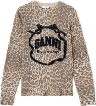 Ganni Femme, Pulls, Beige, Taille: 38 FR Leopard Crewneck Sweater
