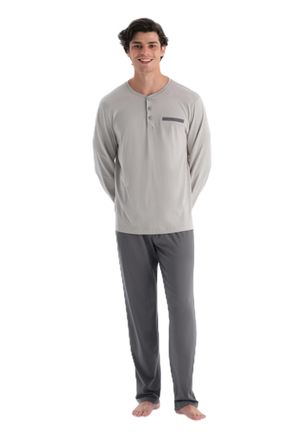 Dagi Mens Light Grey Half-Placket Long Sleeve 3-Piece Pajama Set, 2XL