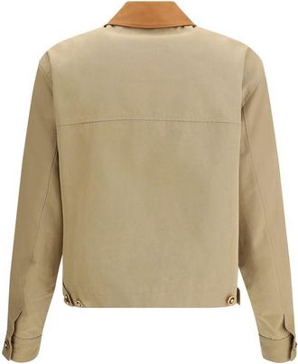 Versace Contrasting Leather Collar Cotton Jacket - Beige