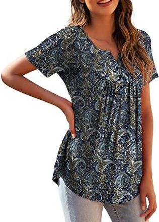Generic T Shirt Femme Grande Taille- Tunique Longue Femme Impression Floral-Chemise Femme Col V Décontractés Comfy Manche Courte Blouses Élégant Mode Tops ave