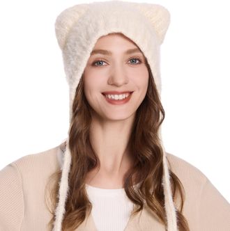 ZLYC Damen Katzenohr Slouchy Strickmütze Grunge Niedlich Wintermütze(Bärenohren Beige),Einheitsgröße