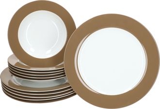 Ritzenhoff & Breker Nougat Doppio 12tlg Tafelservice I weiß-braunes Porzellan-Geschirr für 6 Personen I 6x Suppenteller & 6x Speiseteller I Essteller & tiefe Teller für F
