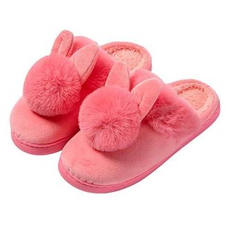 Generic Chaussons dhiver pour femme - Rose - En forme de lapin - En peluche - En mousse &agrave; m&eacute;moire de forme - Chaussons douillets en coton - Chaussons en feutr