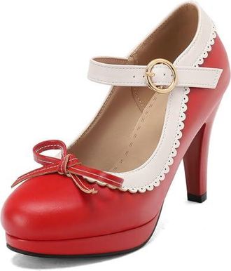 Generic Escarpins Mary Jane &agrave; bout rond pour femme avec noeud color&eacute; et boucle &agrave; talon &eacute;pais pour f&ecirc;te, Rouge, 38.5 EU