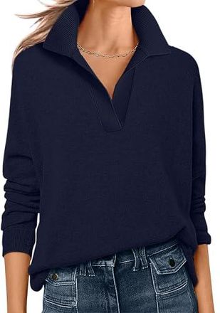 Generic Polo &agrave; manches longues et col en V pour femme - L&eacute;ger - D&eacute;contract&eacute; - Pour le travail et les affaires, bleu marine, 5XL