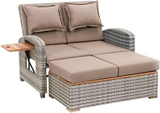 greemotion Rattan-Lounge Bahia Style 3-in-1 mit Teilen aus Teak, Gartensofa mit Bettfunktion, inkl. Hocker, grau/Taupe, ca.117 x 93 x 74 cm