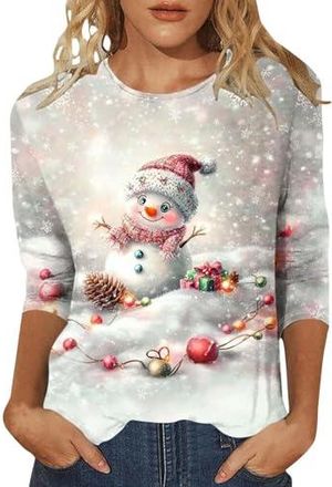 Generic T-shirt imprimé de Noël 2026 avec manches trois quarts et col rond, haut décontracté pour les vacances festives pour un confort et un style festifs, b
