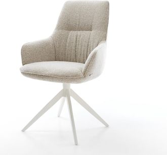 DELIFE Drehstuhl Zelia-Flex mit Armlehnen Webstoff Soft Beige Kreuzgestell breit Wei&szlig; 360&deg; drehbar Wippfunktion Taschenfederkern, Esszimmerst&uuml;hle