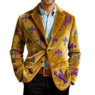Generic Veste de costume pour homme en velours c&ocirc;tel&eacute; imprim&eacute; multicolore - Costume de carnaval - Motif Mardi Gras - Blazer - Tenue de f&ecirc;te - Vintage - Veste 
