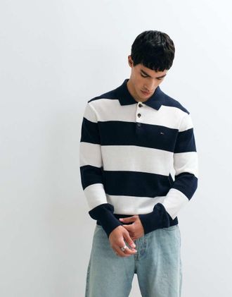 Tommy Jeans Chemise style rugby ajust&eacute;e &agrave; rayures et logo drapeau - Bleu marine/blanc