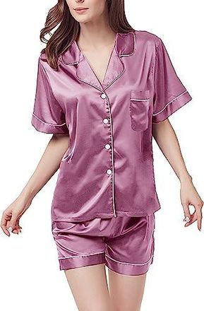 Generic V&ecirc;tements de nuit en satin pour femme - Ensemble de pyjama en satin soyeux &agrave; manches courtes - Ensemble de v&ecirc;tements de nuit &agrave; manches courtes - Ensem