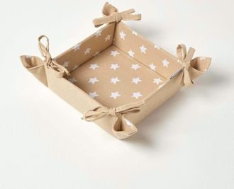 Homescapes Fr&uuml;hst&uuml;ckskorb mit Wende-Design gSterne beige, Br&ouml;tchenkorb faltbar, Brotkorb eckig aus Stoff, Faltk&ouml;rbchen Baumwolle